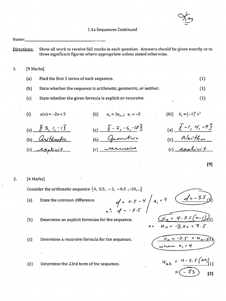 1.1a Sequences Continued ANSWERS | PDF