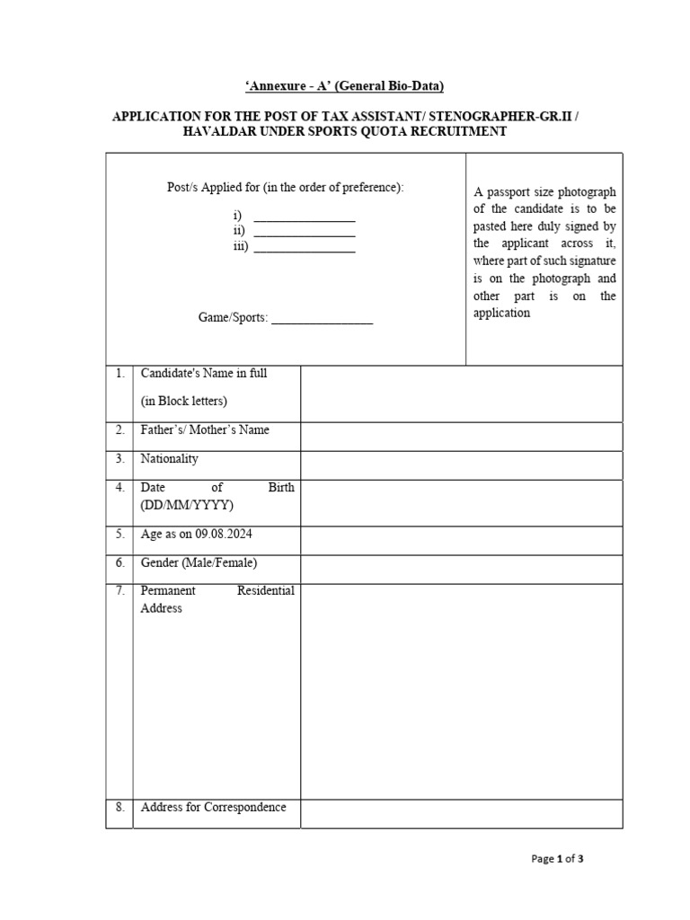 CBIC Sports Quota Recruitment BioDarta Application Form | PDF ...