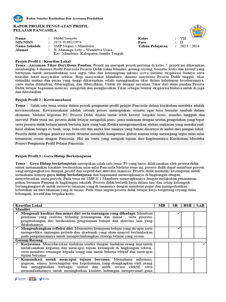 Rapor P5 Mildar | PDF | Karier & Perkembangan | Kesehatan Holistik