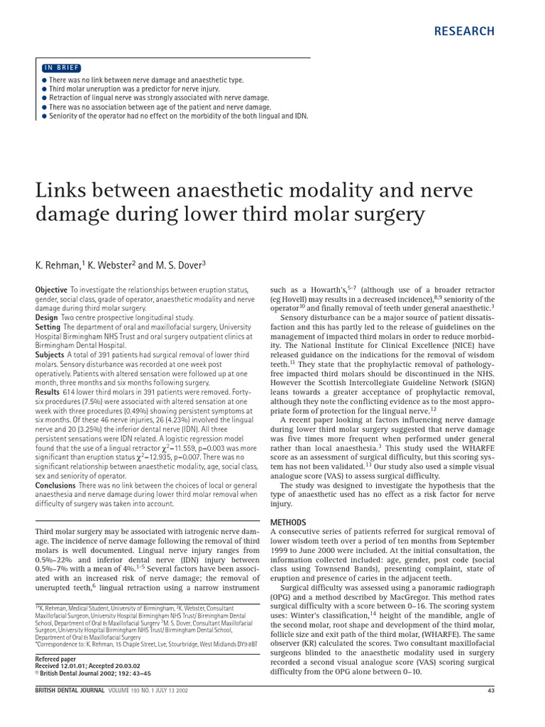 Lesion Neural 3molar BDJ2003 | PDF | Surgery | Anesthesia