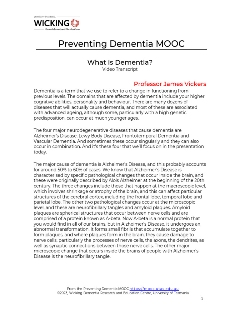 What is Dementia Transcript | PDF | Dementia | Alzheimer's Disease What is Dementia Transcript | PDF | Dementia | Alzheimer's Disease