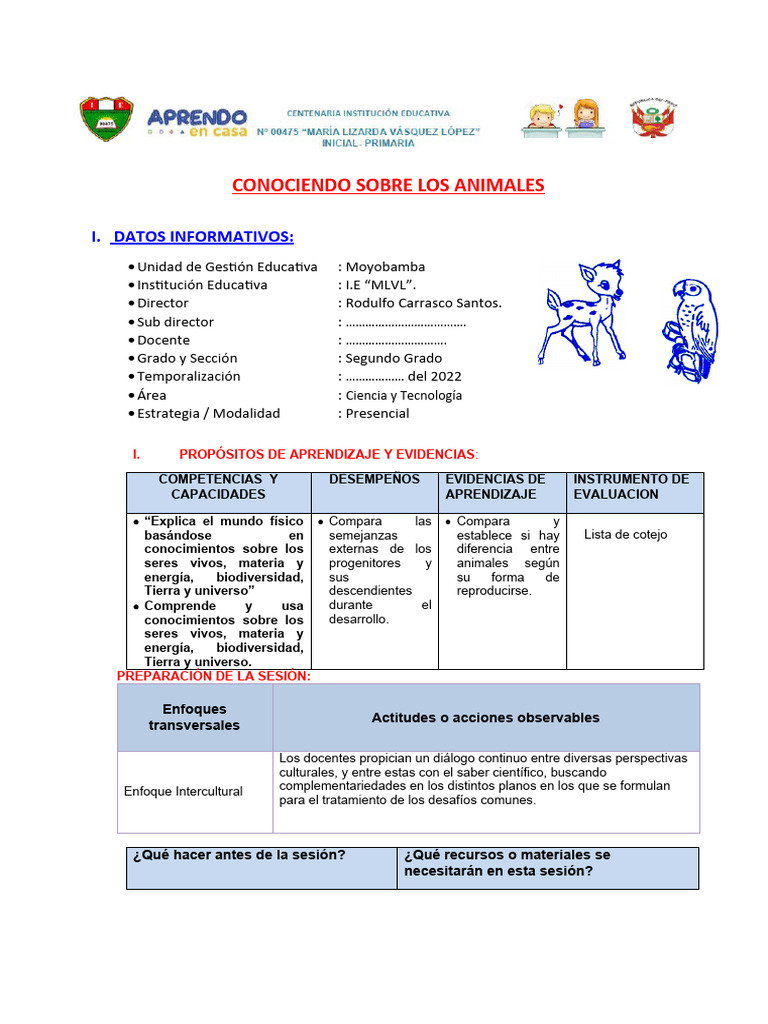 Sesión Conociendo Sobre Los Animales. | PDF | Evaluación | Plan de estudios