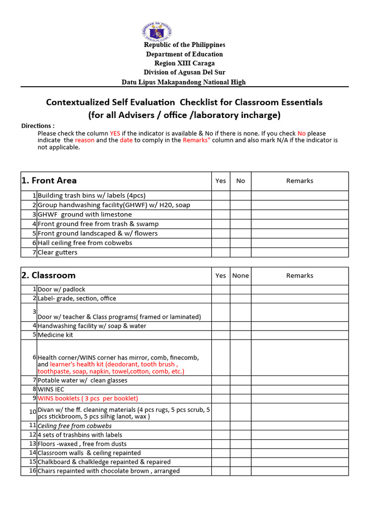 Contextualized Self Evaluation Checklist With WINS Integration | PDF ...