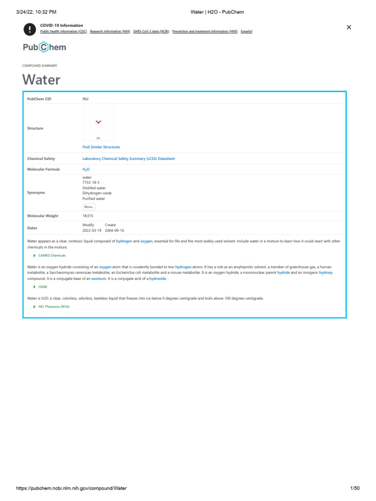 (MSDS) Water - PubChem | Download Free PDF | Water | Enthalpy