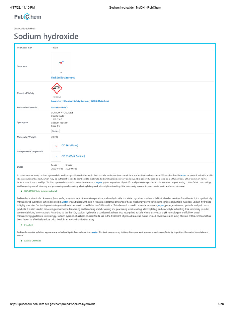 (MSDS) Sodium Hydroxide - PubChem | PDF | Sodium Hydroxide | Hydroxide