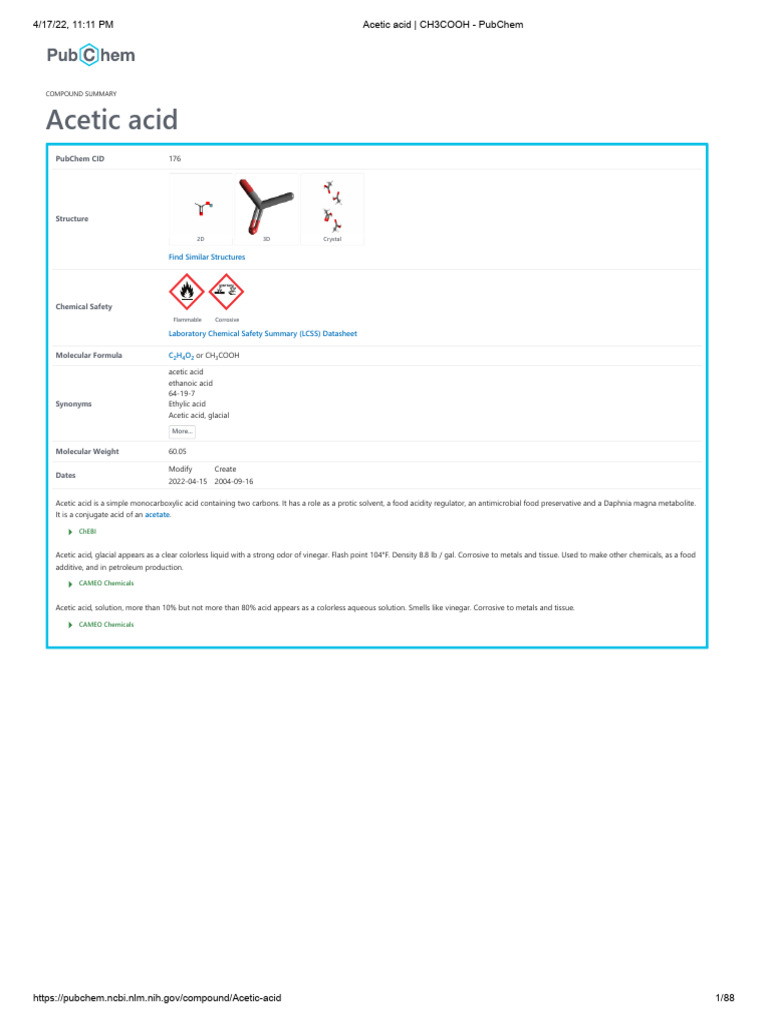 (MSDS) Acetic Acid - PubChem | PDF | Acetic Acid | Acid