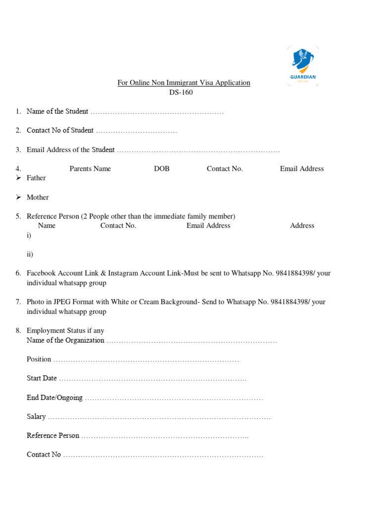For Online Non Immigrant Visa Application (DS-160) | PDF | Travel Visa ...