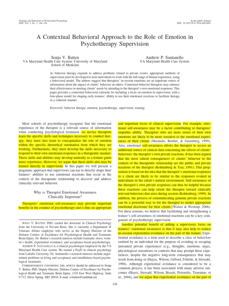 BattenFollette - ACT Supervision Emotion (Leido) | PDF | Psychotherapy | Emotions