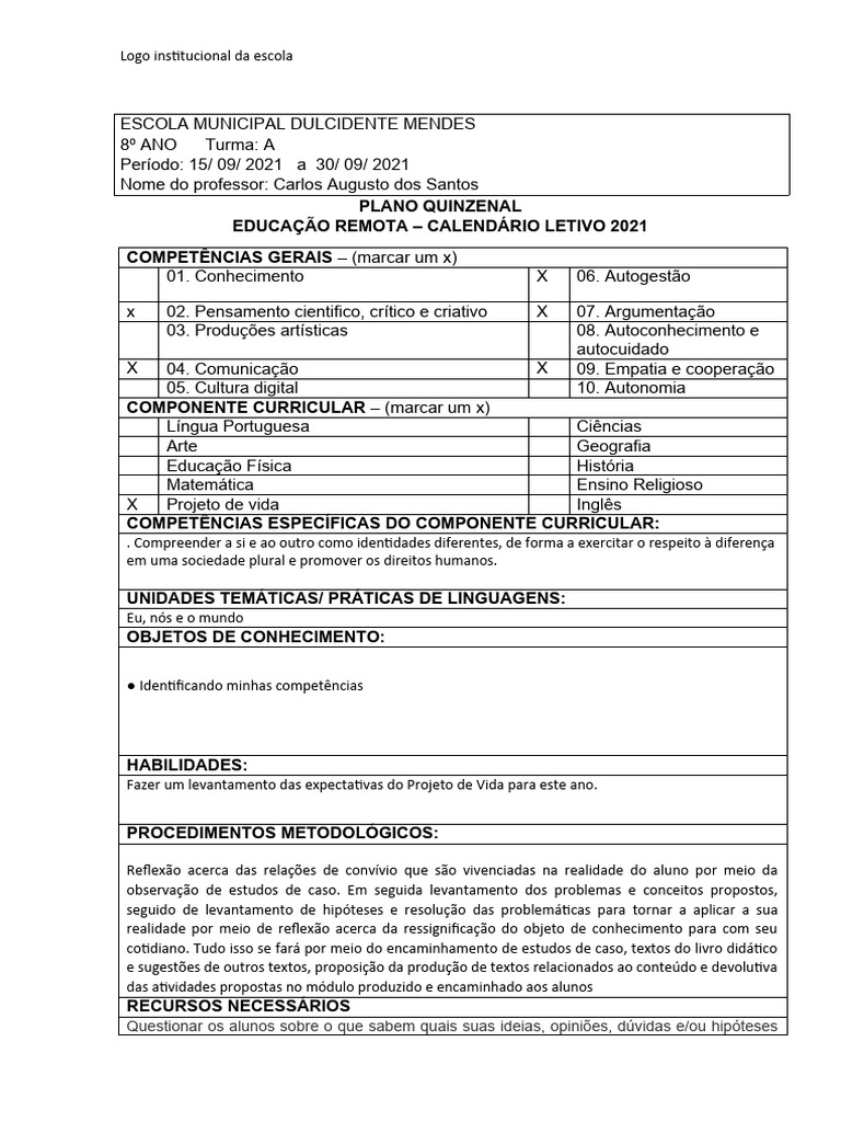 1 - PLANO DE AULA QUINZENAL Projeto de Vida 8 Ano 2 | PDF | Science ...