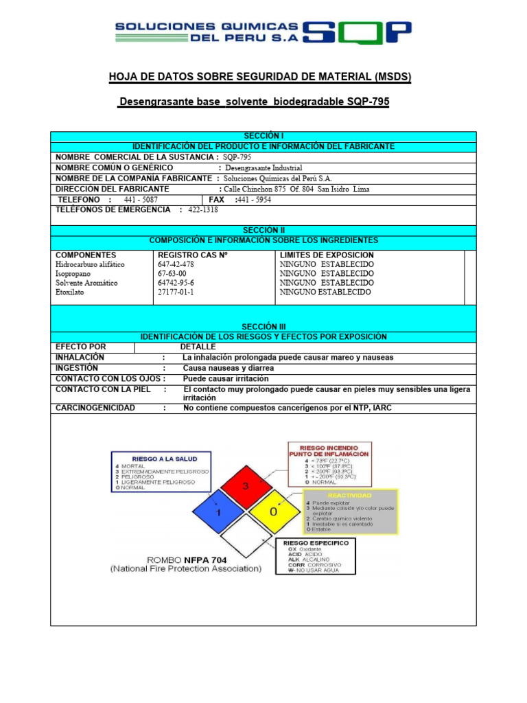 Sqp-795-Desengrasante Industrial | PDF | Agua | Mercancías peligrosas
