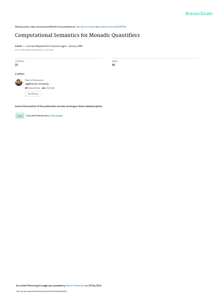 Computational Semantics For Monadic Quantifiers | PDF | Automata Theory | Mathematics