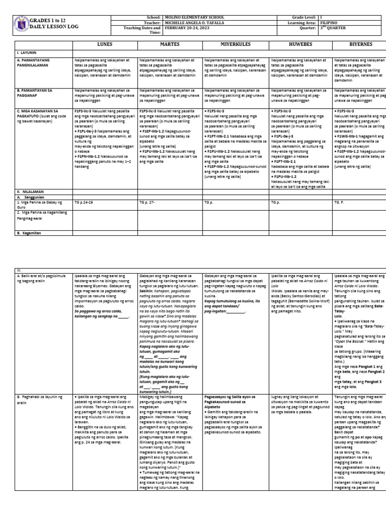 FILIPINO 1_Q3_W2 DLL | PDF