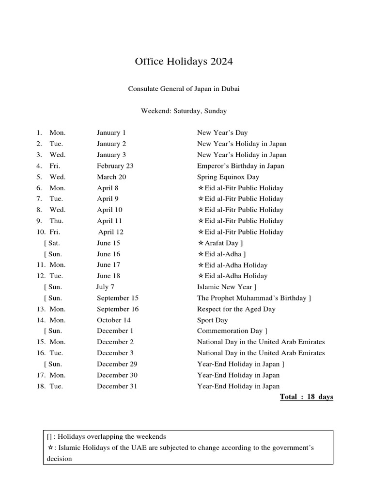 Office Holidays 2024: Total: 18 Days | PDF