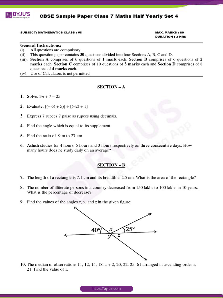 CBSE-Sample-Paper-Class-7-Maths-Half-Yearly-Set-4 | Download Free PDF | Area | Length