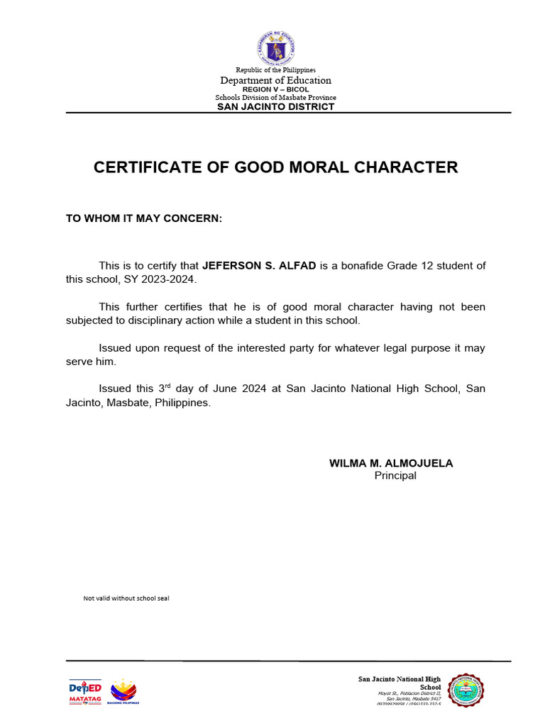 Certificate of Good Moral Character | PDF