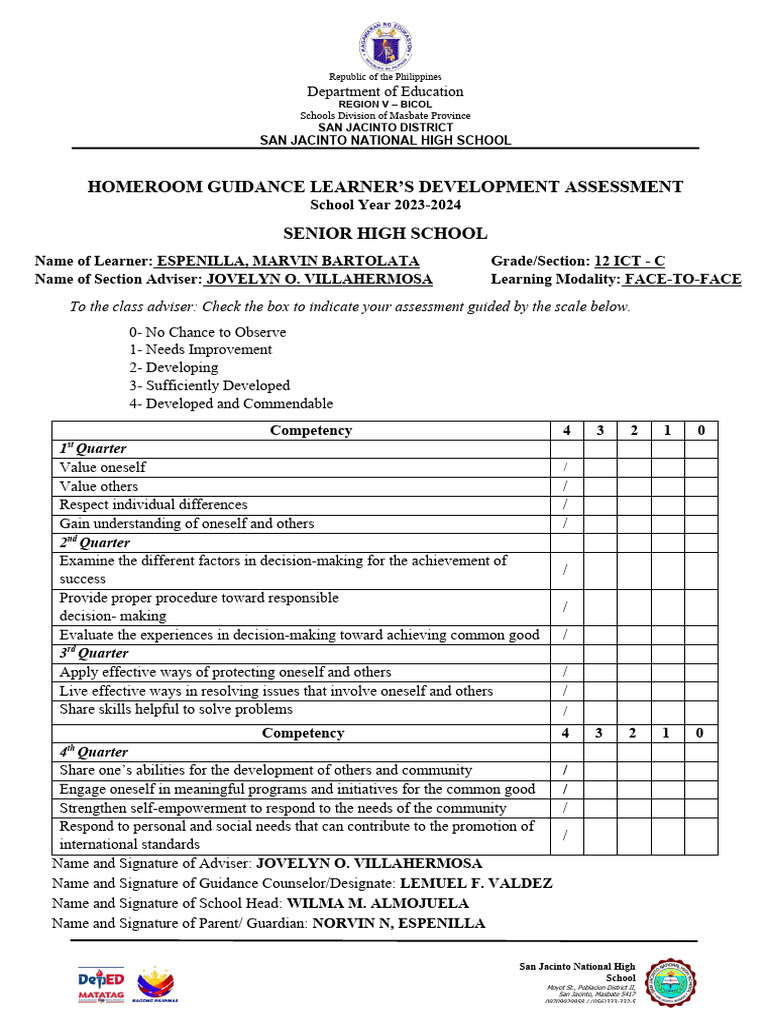 HOMEROOM GUIDANCE LEARNERS DEVELOPMENT ASSESSMENT sENIOR hIGH SCHOOL ...