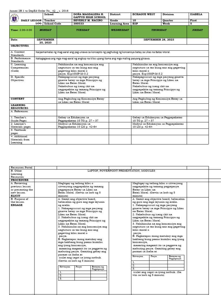 ESP 10 - DLL - Week5 2023 2024 | PDF