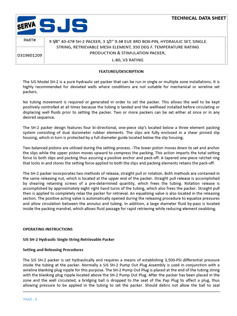 SH-2 Hydraulic Packer Data Sheet | PDF | Screw | Mechanical Engineering