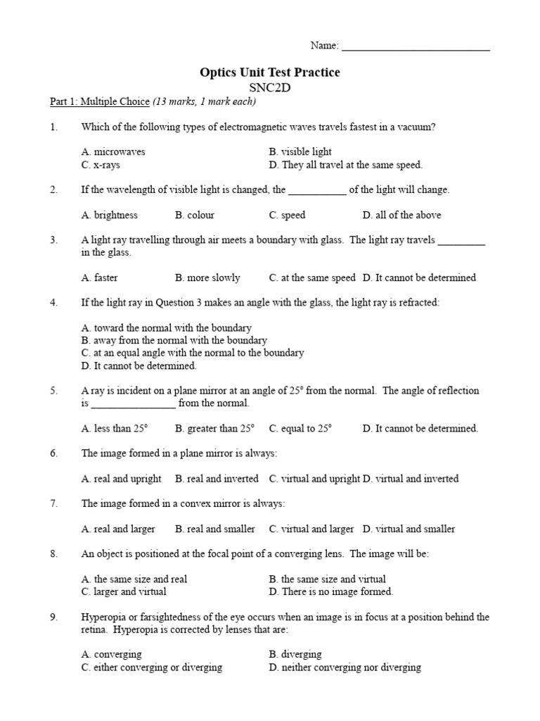 Optics Unit Test Practice SNC2D | PDF | Light | Optics
