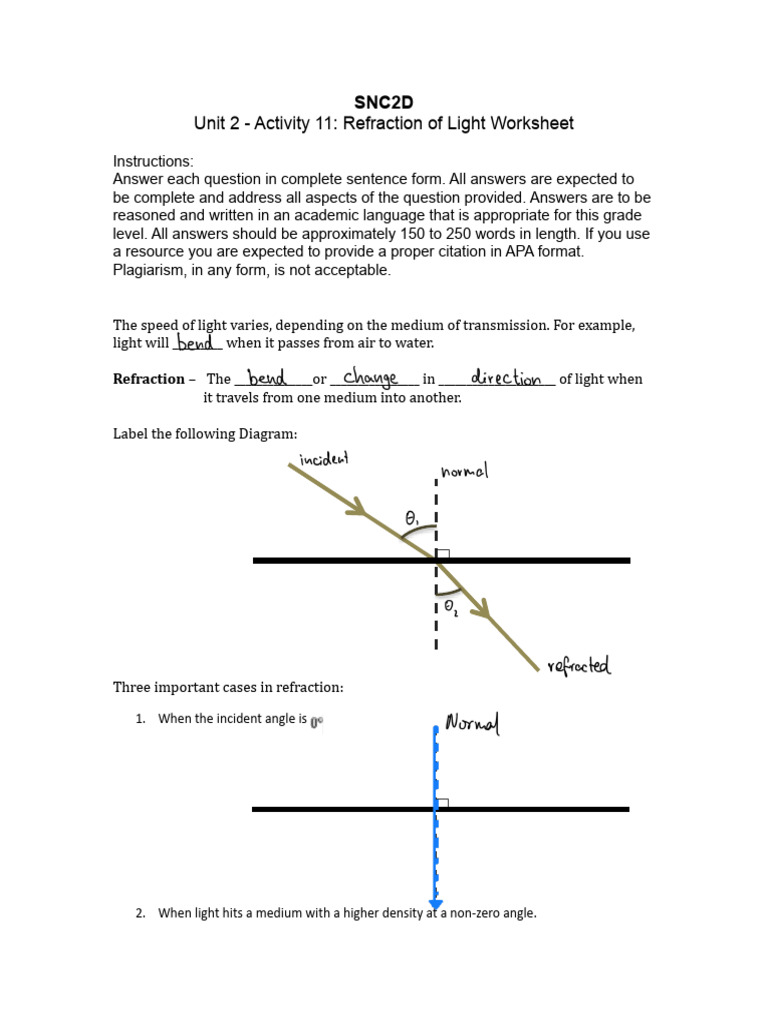 Refraction and Total Internal Reflection Worksheets | PDF | Refraction ...