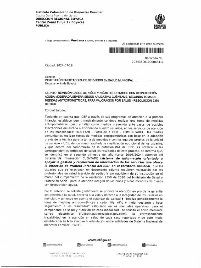 Oficio Remisorio Casos de Desnutricion Aguda Moderada Severa - Segunda Toma Datos ...