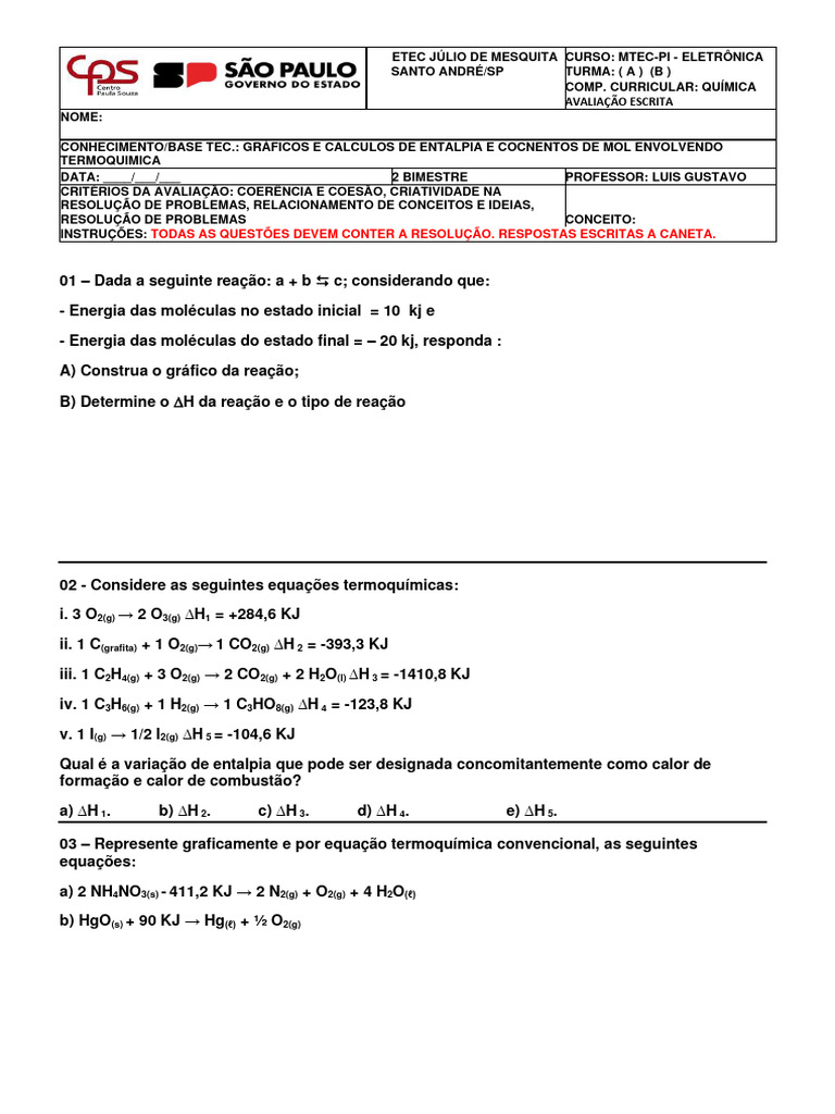 Exercicios Termoquimica 3C 2 Bim Download Gr tis PDF Entalpia
