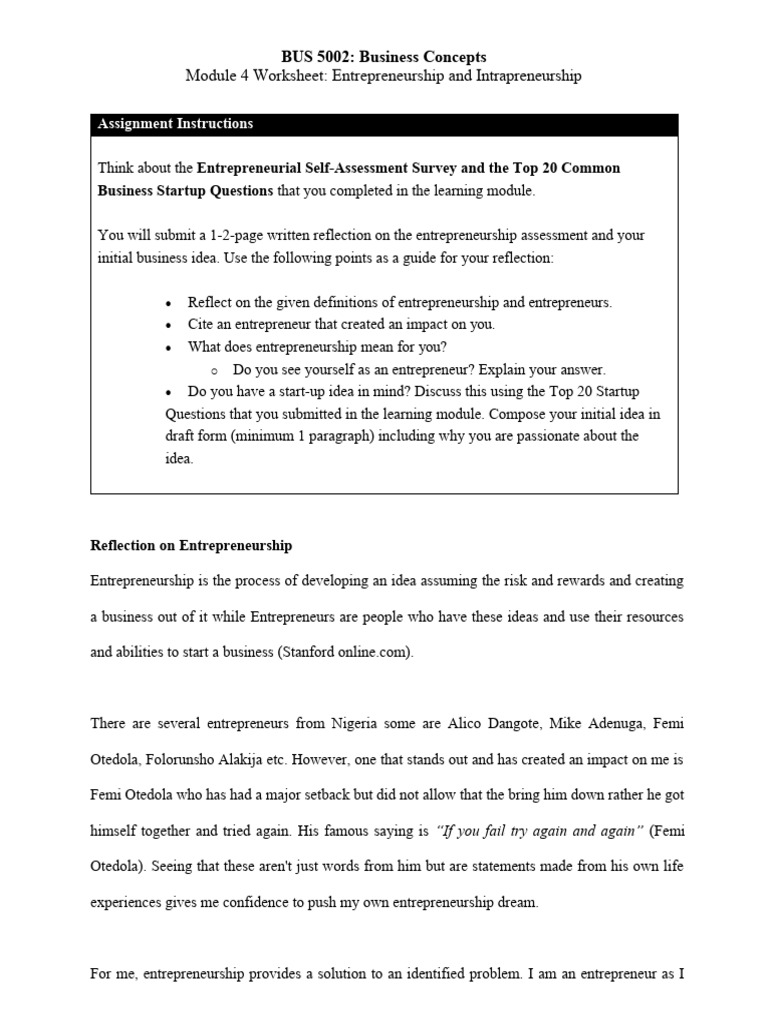 BUS5002 Module 4 Worksheet 1 | PDF | Entrepreneurship | Startup Company