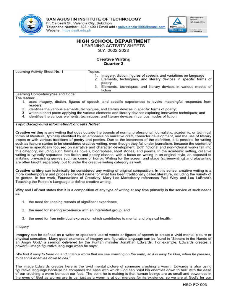 Learning-Activity-Creative Writing QTR 1 Act. No. 1 (Teachers) | PDF ...