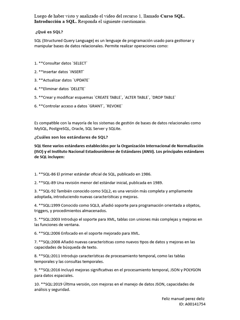 Feliz Manuel Perez Deliz - Unidad 4. Actividad 1. Introducción A SQL | PDF | SQL | Bases de datos