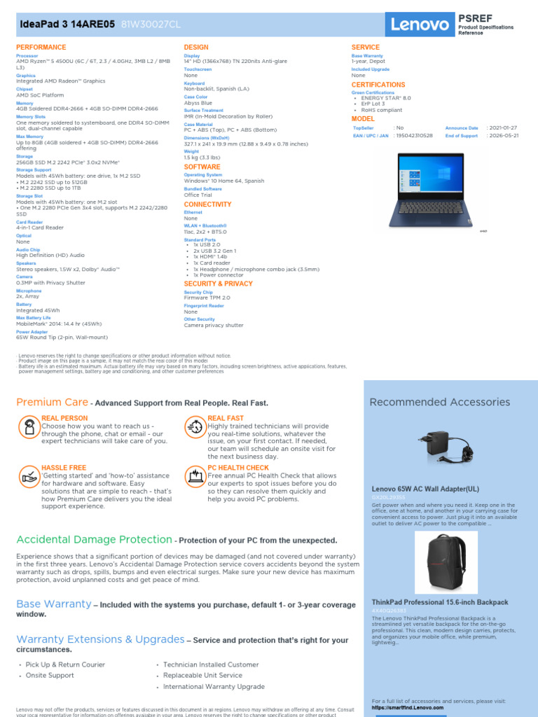 IdeaPad 3 14ARE05 81W30027CL | PDF | Personal Computing | Computing
