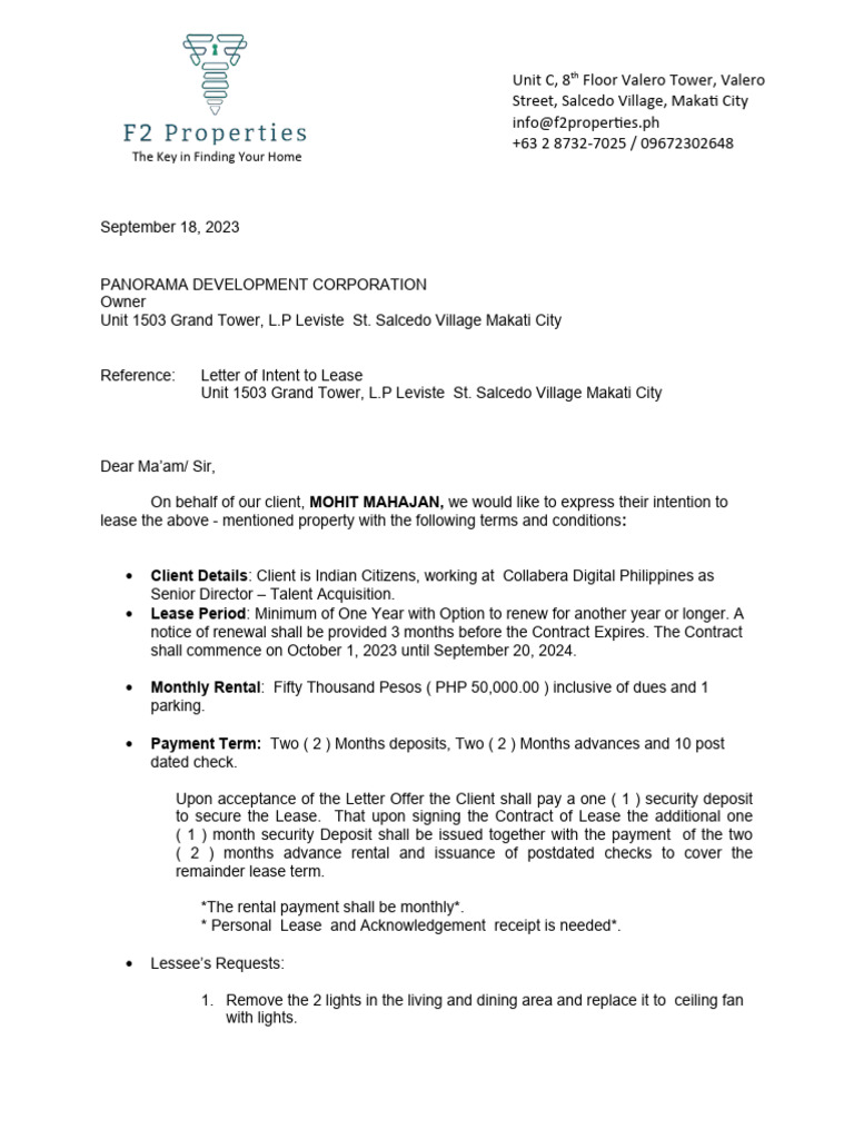 Letter of Intent - Condo Sample | PDF | Lease | Bedroom