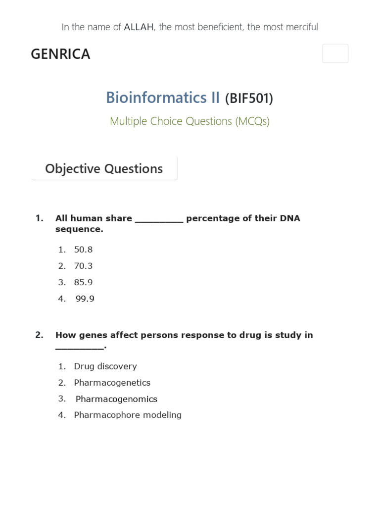 Bioinformatics II MCQs for BIF501 Exam | PDF | Dna | Dna Sequencing