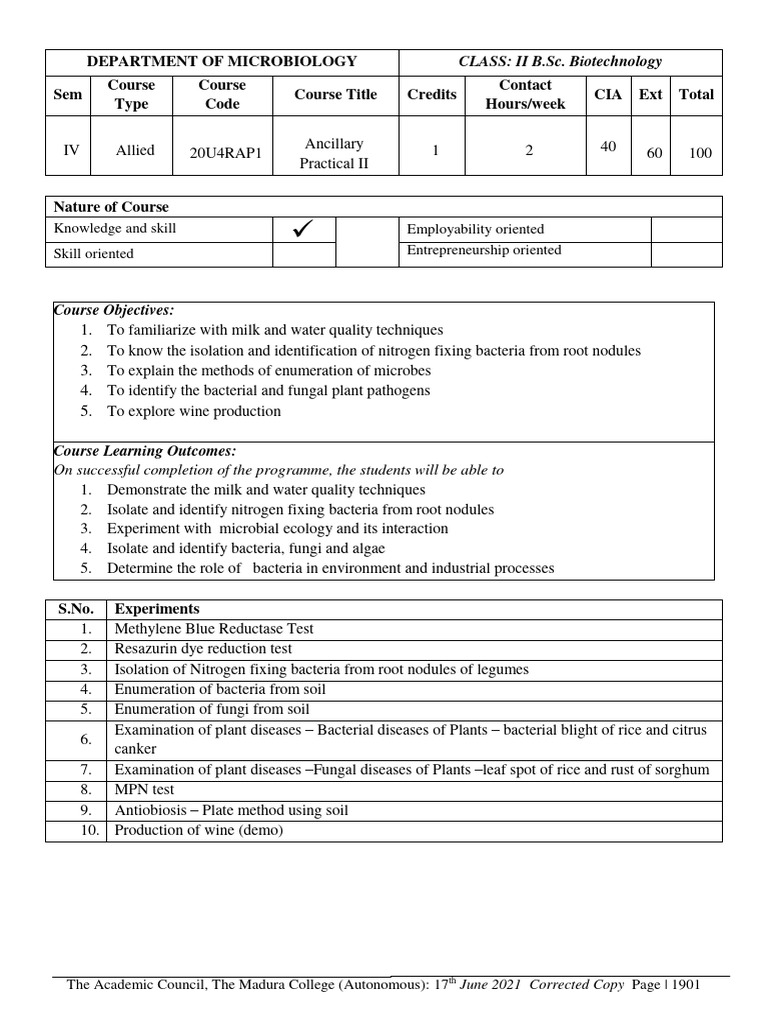 Department of Microbiology Sem Course Type Course Code Course Title Credits Contact Hours/week ...