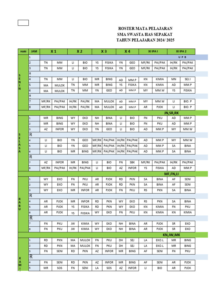 Roster Pelajaran Smas Has Sepakat Ta 2024 2025 | PDF