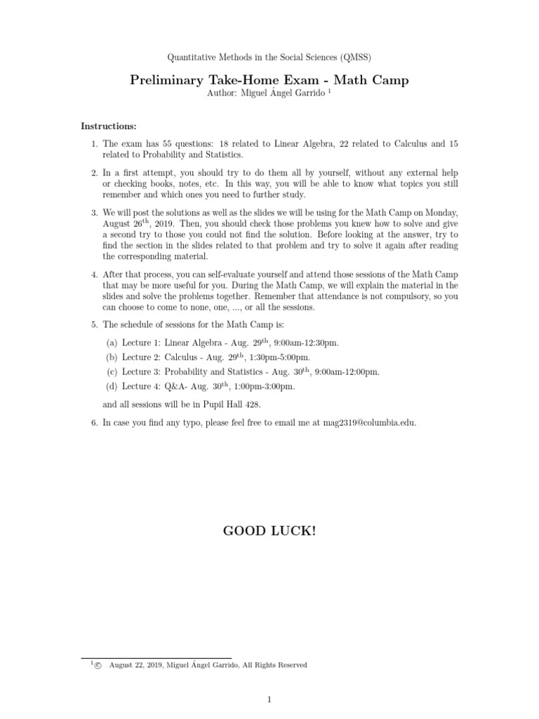 MATH CAMP Practice Problems - Diagnostic Exam | PDF | Linear Subspace | Matrix (Mathematics)