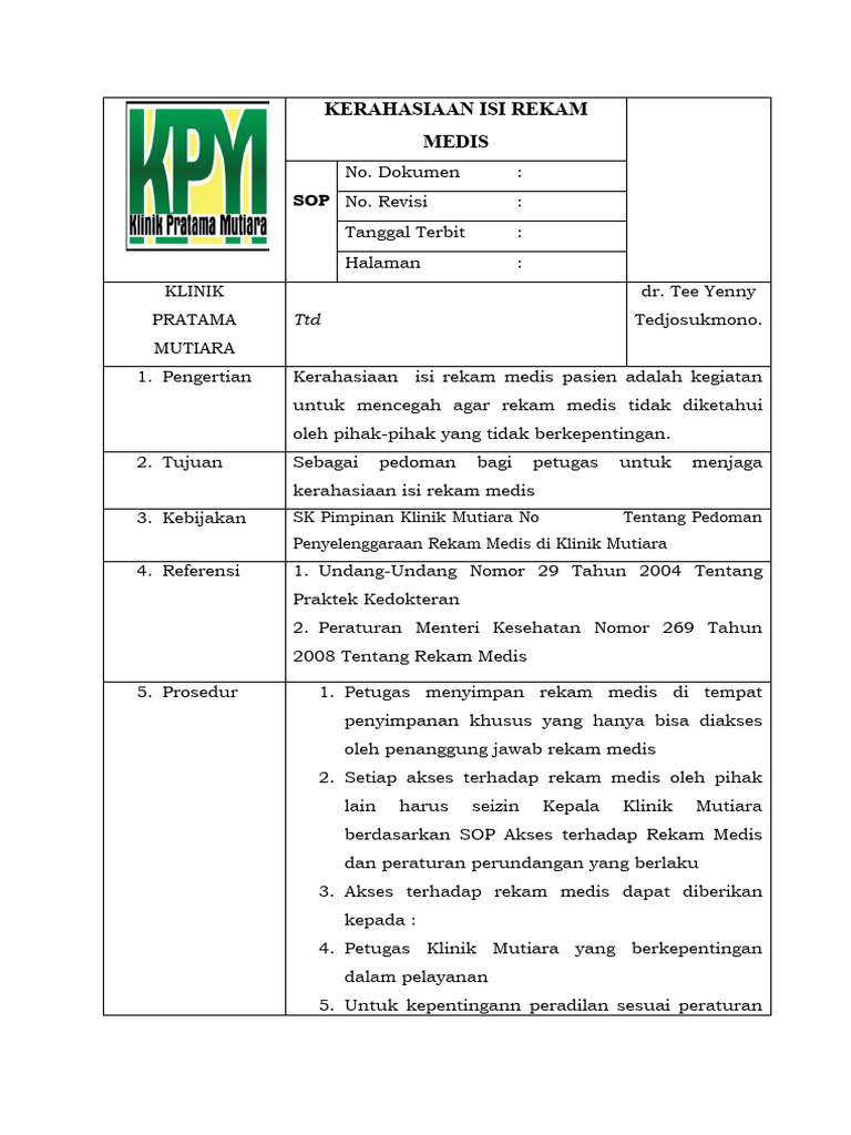 Sop Kerahasiaan Isi Rekam Medis | PDF