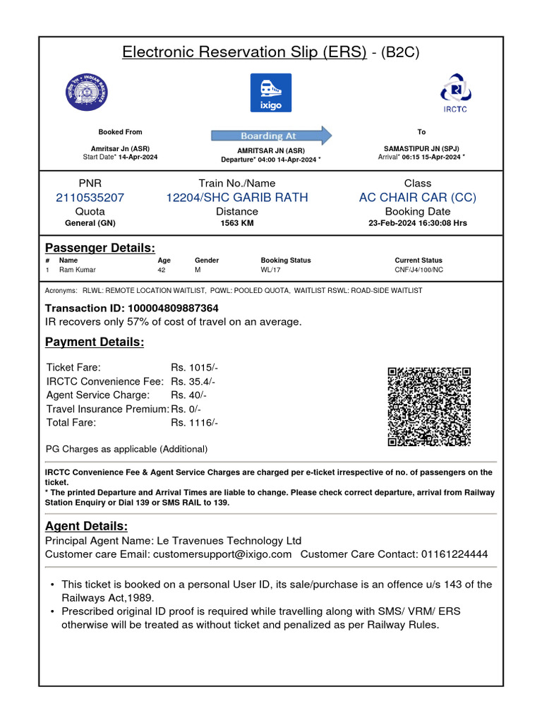 Electronic Reservation Slip (ERS) : 2110535207 12204/Shc Garib Rath Ac ...