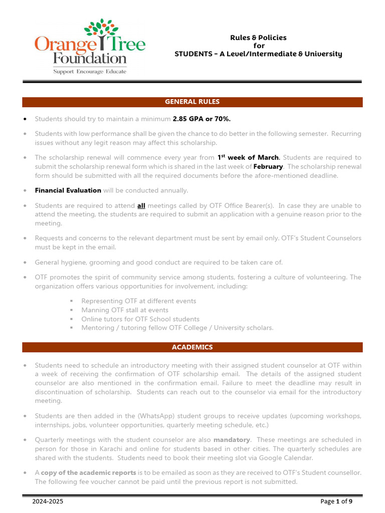 OTF Rules and Policies For College & University Scholars 2024-25 | PDF ...