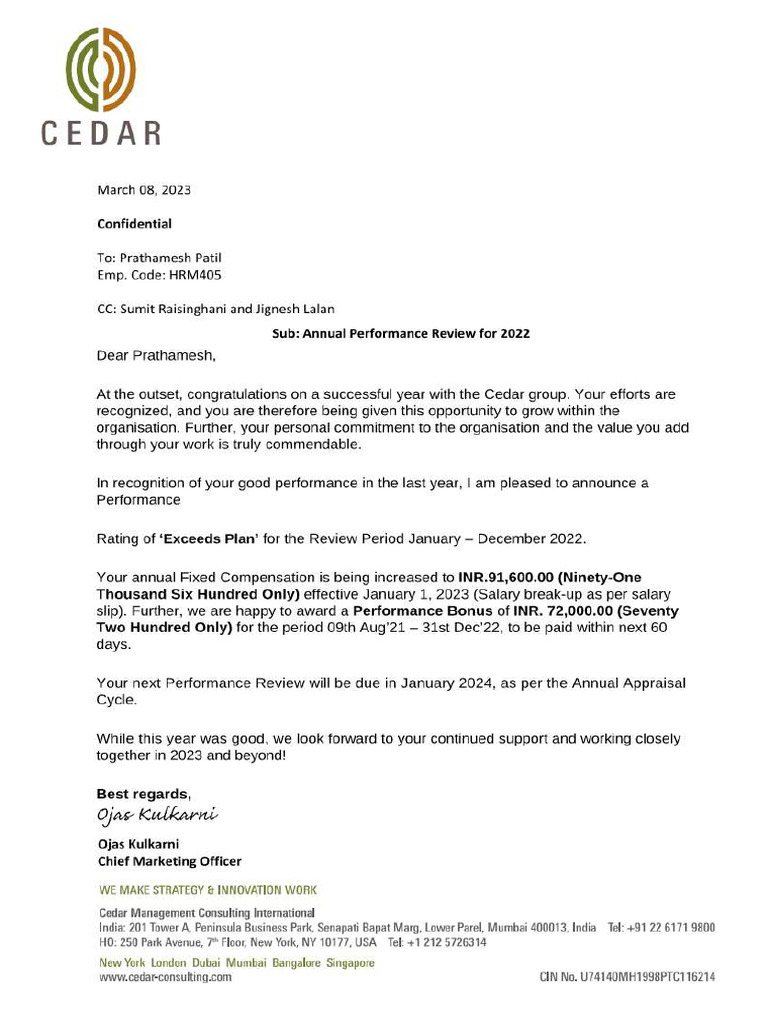 Prathmesh HRM405 - Performace Letter | PDF
