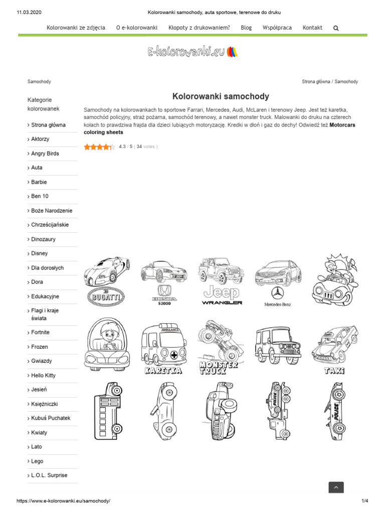 Kolorowanki Samochody, Auta Sportowe, Terenowe Do Druku | PDF