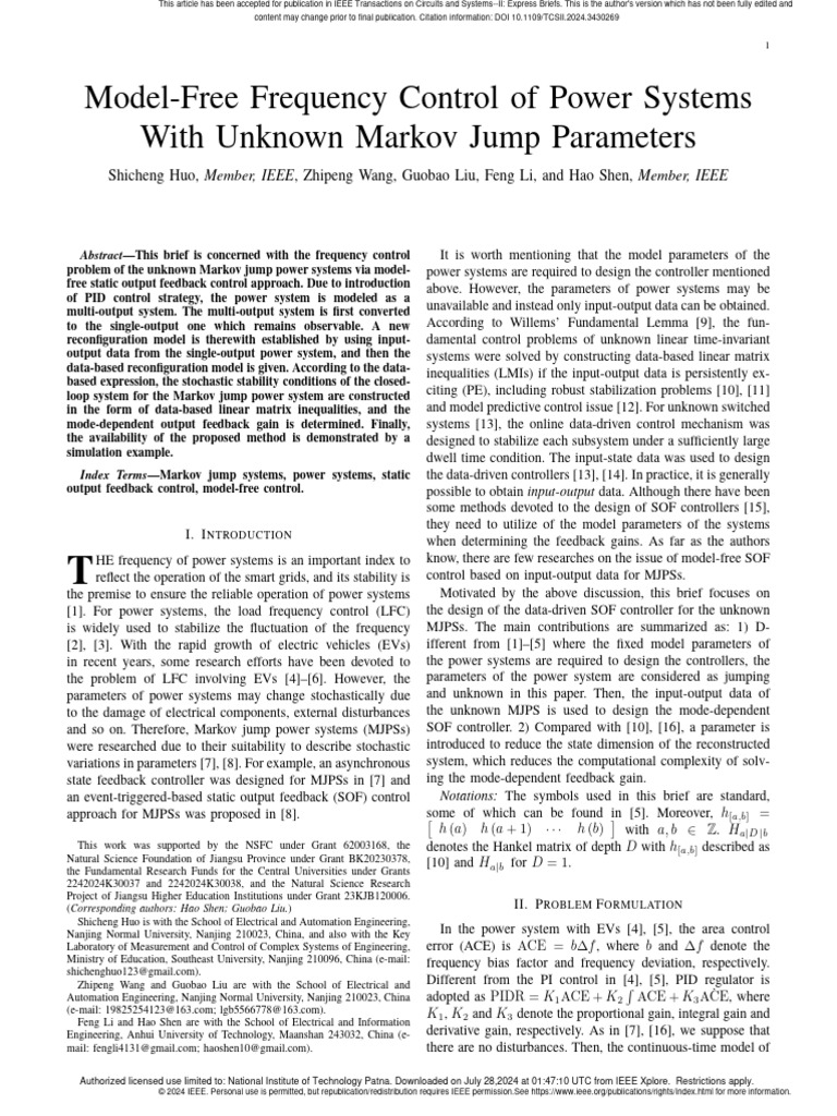 Model-Free Frequency Control of Power Systems With Unknown Markov Jump Parameters | PDF | Matrix ...