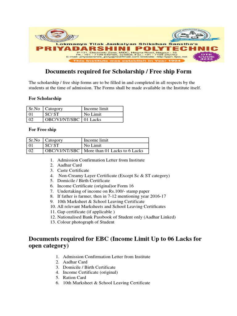 Documents Required For Scholarship | Pdf