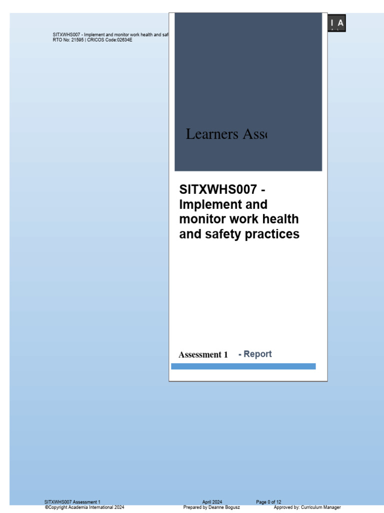 SITXWHS007 Assessment 1 Report April 2024 Submitted | PDF ...