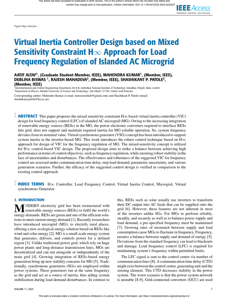 Virtual Inertia Controller Design Based On Mixed Sensitivity Constraint H∞ Approach For Load ...