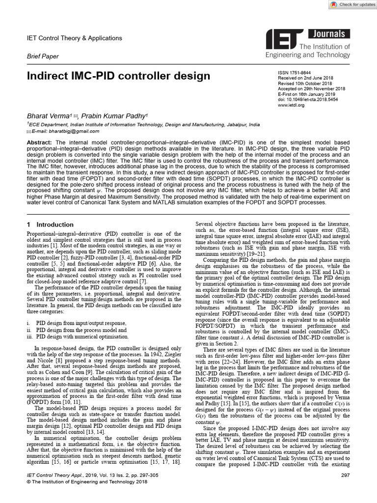 IET Control Theory Appl - 2019 - Verma - Indirect IMC PID Controller ...