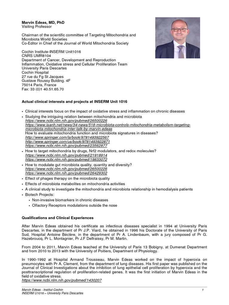 CV Marvin Edeas - Cochin - Inserm U1016 | PDF | Antioxidant | Superoxide Dismutase
