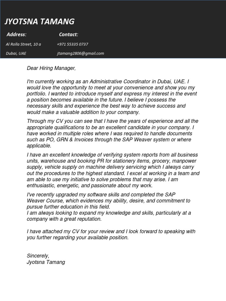 Cover Letter 1 | PDF | Career & Growth