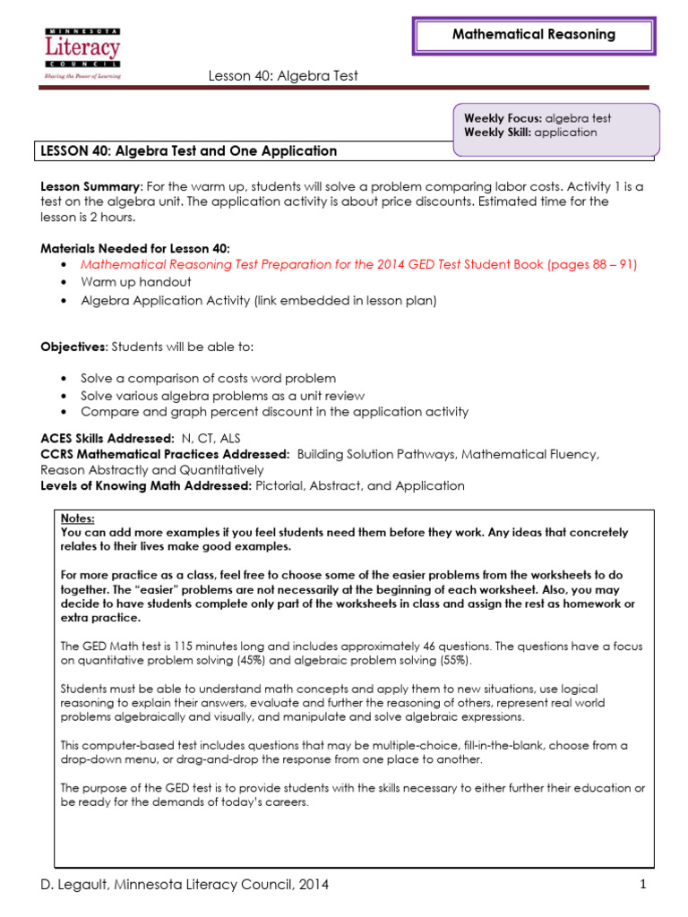 Ged Math Lesson 40 Algebra Test - Public | PDF | Mathematics | Algebra