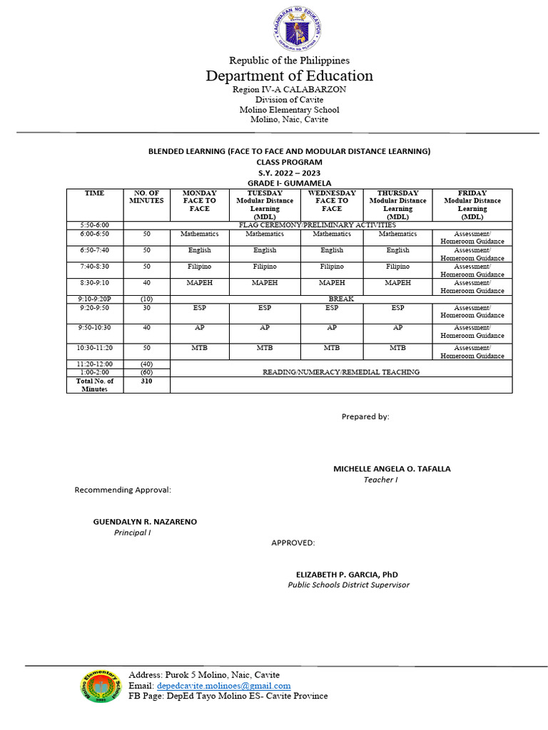 Grade 1 Gumamela Class Program Blended | PDF | Schools | Learning