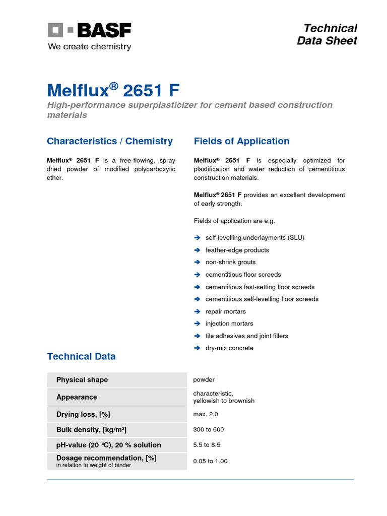 Melflux 2651f Polycarboxylic Ether Powder | PDF | Cement | Polyethylene